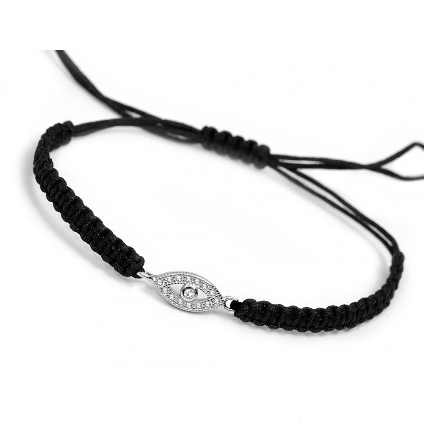 925 Sterling Silver Almond Shape Evil Eye with Adjustable Black Macram ...
